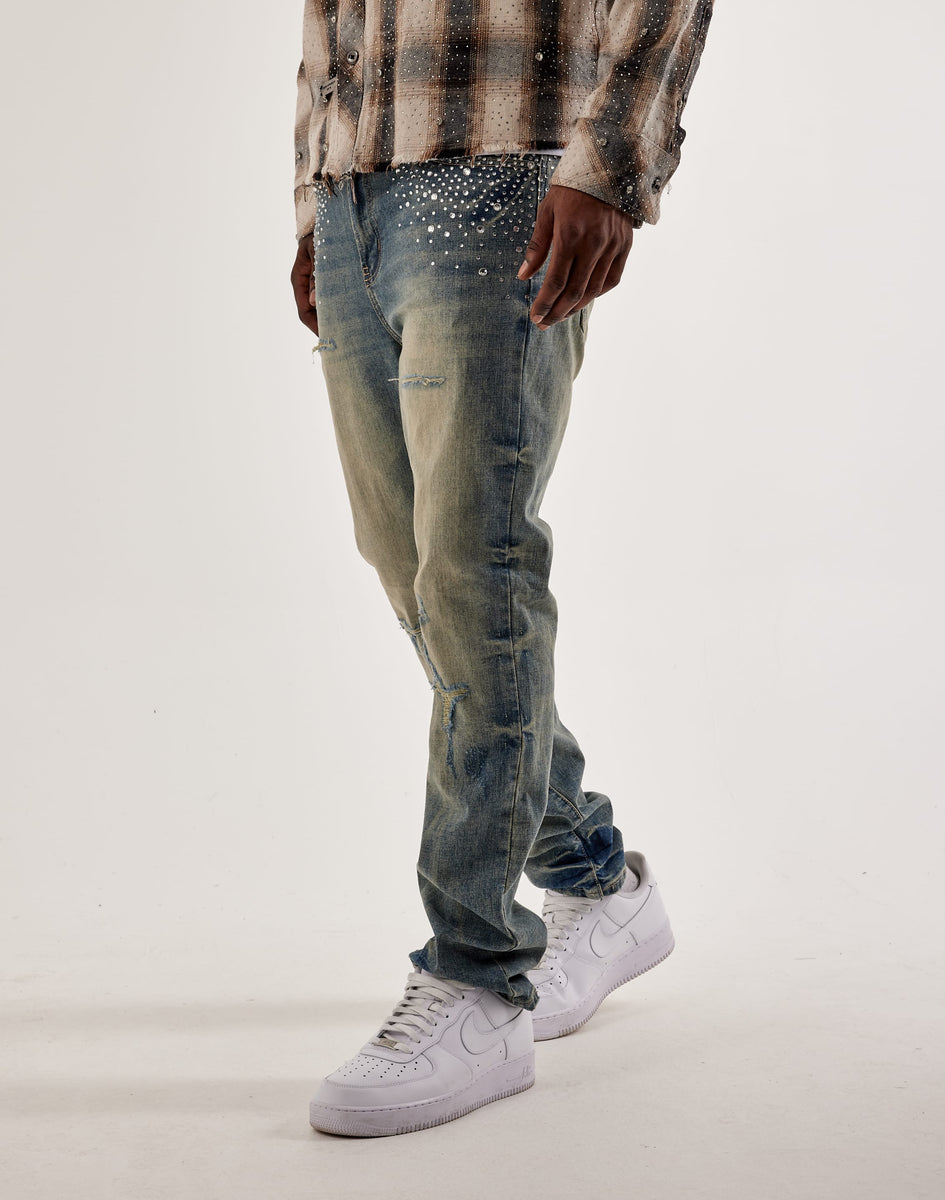 Preme Stacked Rhinestone Distressed Denim Jeans – DTLR